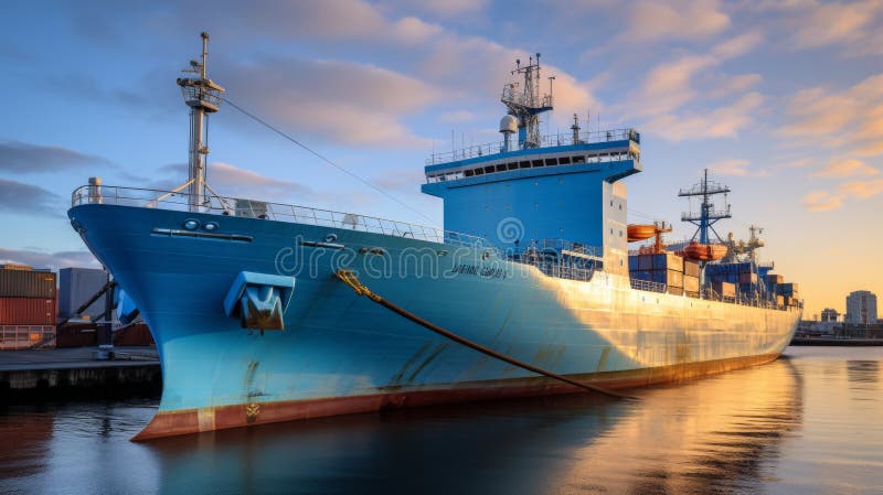 Front View of Large Blue Shipping Container Ship at Sea, Ocean Freight ...
