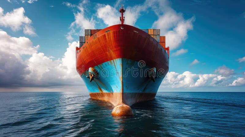 Front View of Large Merchant Cargo Ship in the Middle of the Ocean ...