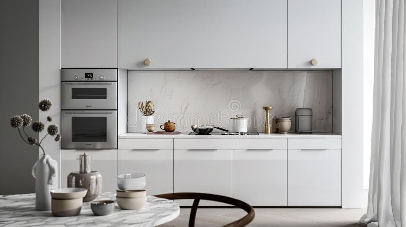 Front View of Light Minimalistic Kitchen, Luxury Kitchen with Oven on ...