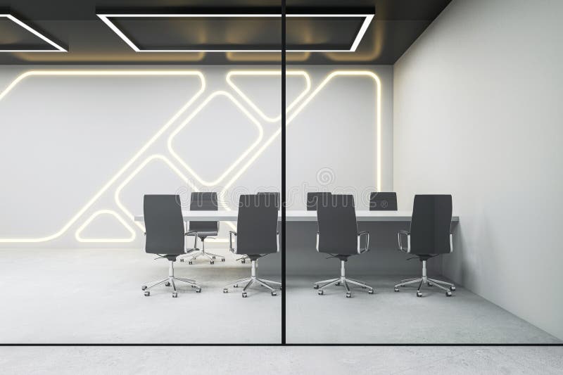 Front View of Light Futuristic Conference Room with Glass Wall and Neon ...
