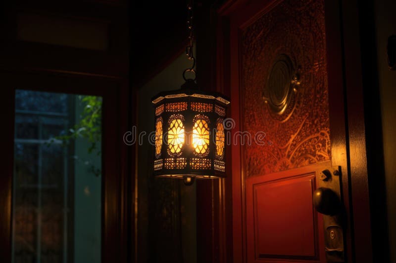Front View of a Lit Lantern Hanging by the Entrance Door Stock Photo ...