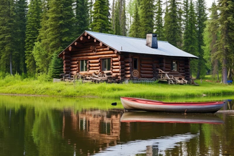 Front View of a Log Cabin with a Canoe on Its Side Stock Photo - Image ...