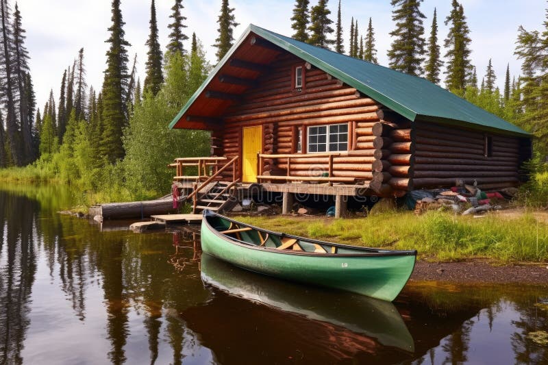 Front View of a Log Cabin with a Canoe on Its Side Stock Photo - Image ...
