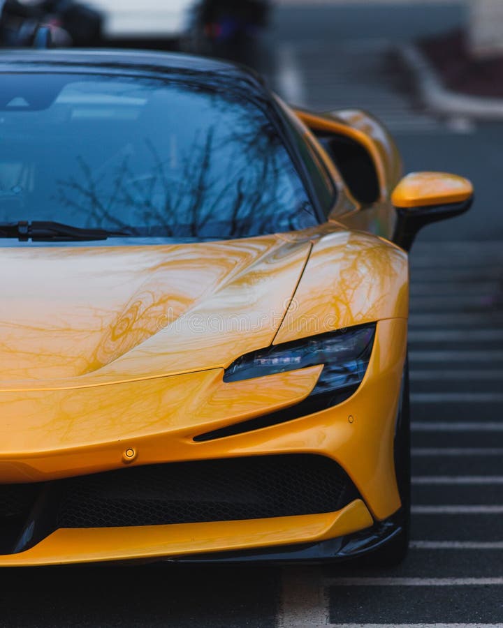 Front View of a Luxurious Yellow Supercar Parked Outside Stock Image ...