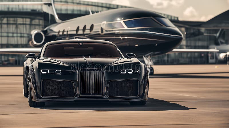 Front View of Luxury Hypercar Parked in Front of Private Jet at Airport ...
