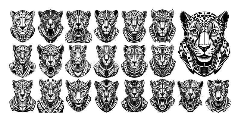 Front View of Machine Cyborg Cheetah Head Illustration Design Set Stock ...