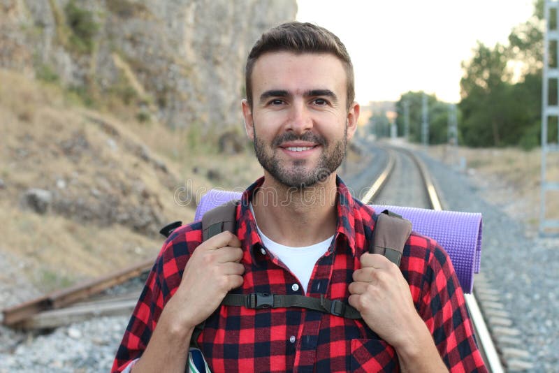 Front View of Man with Backpack Hiking in Forest Stock Image - Image of ...