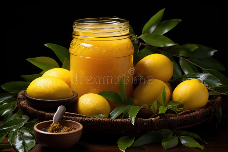 Front View Mango with Lemon Orange Lemon and Juice in a Jar with a Yell ...