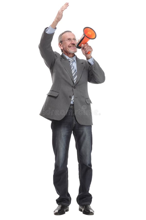 Front View of a Mature Businessman Speaking with Megaphone Stock Photo ...