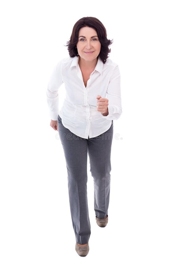 Front View of Mature Woman Running Isolated on White Stock Photo ...