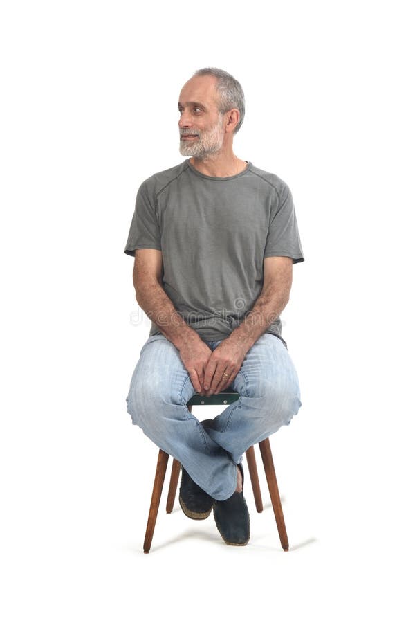 Front , Side View of a Middle-aged Man Sitting on a Chair and Looking ...