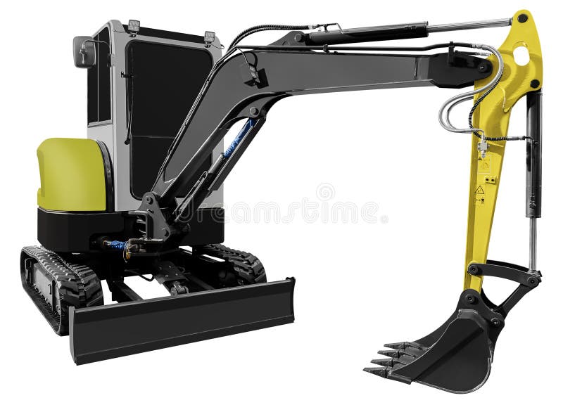 Front View Mini Yellow Excavator Isolated on White Background with ...