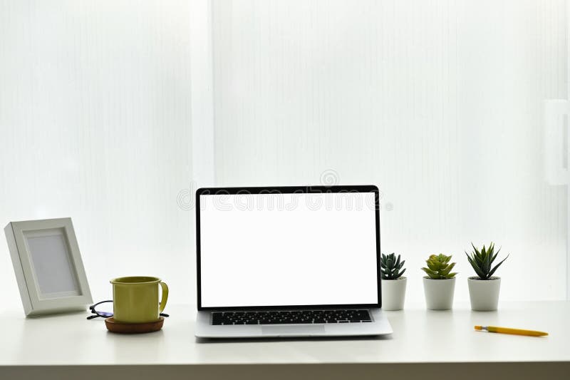 Front View of Minimal Workplace with Empty Screen Laptop, Plant and ...