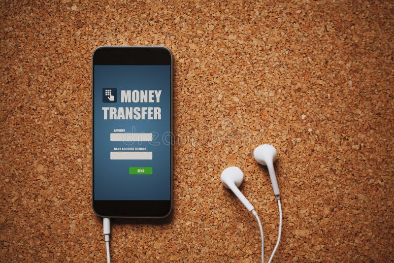 Money Transfer App in a Mobile Phone Screen Over a Black Business Table ...
