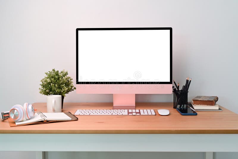 Front View Computer with Blank Screen on Wooden Table. Stock Photo ...