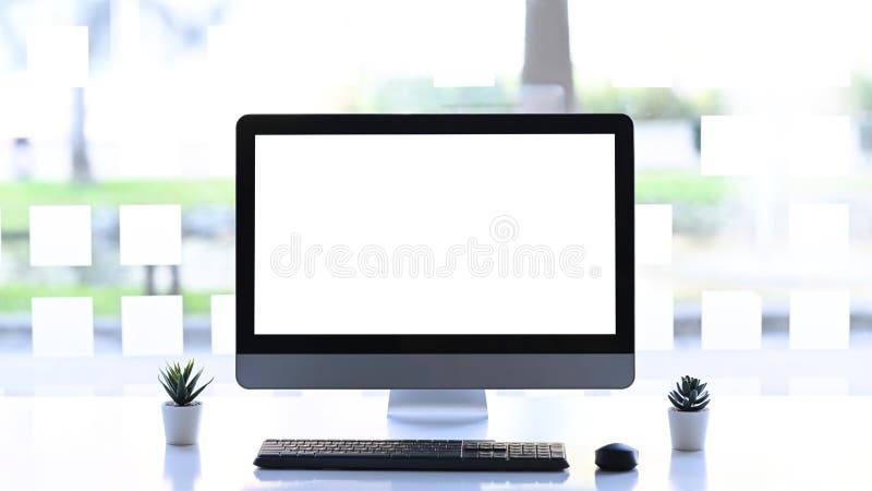 Mock Up Computer with Blank White Screen on Modern Workplace. Stock ...