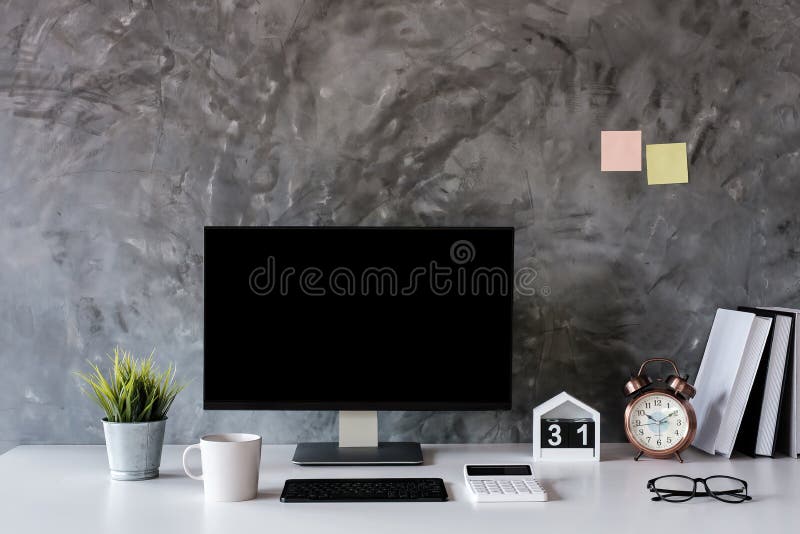 Front View of Mock Up Computer and Office Supplies Gadget. Blank Screen ...