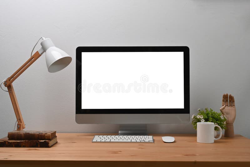 Computer with White Screen on Modern Workspace. Stock Image - Image of ...