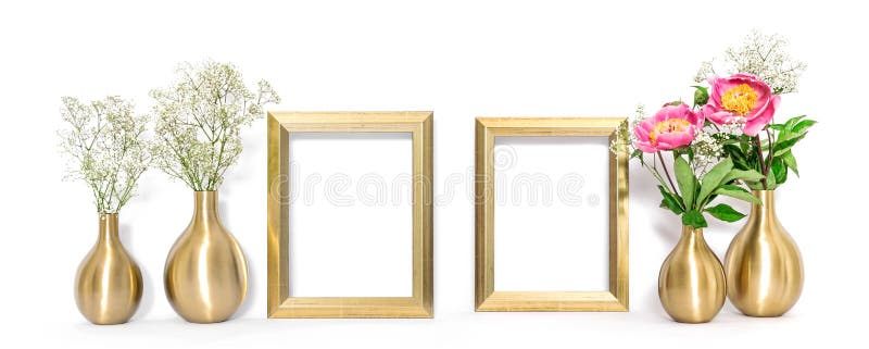 Front View Mock Up Golden Picture Frame Flowers Minimal Style Stock ...