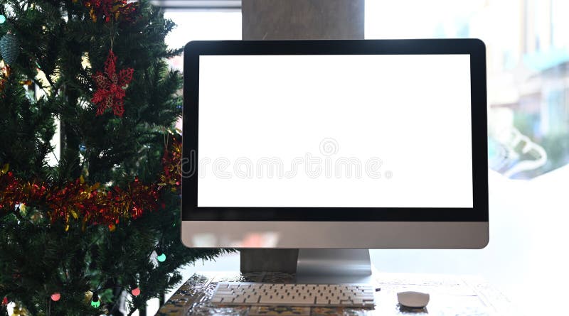 Front View of Mock Up Modern Desktop Computer with White Screen. Stock ...