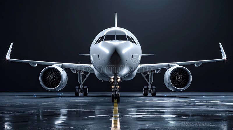 Front View of a Modern Commercial Airplane on a Runway, Under Dramatic ...