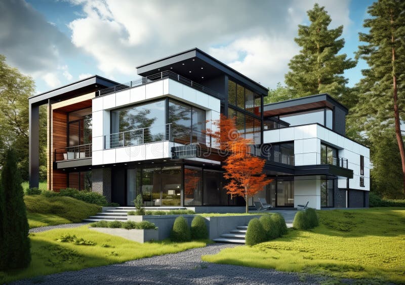 Front View of Modern Designed Concrete Residential House. Created with ...