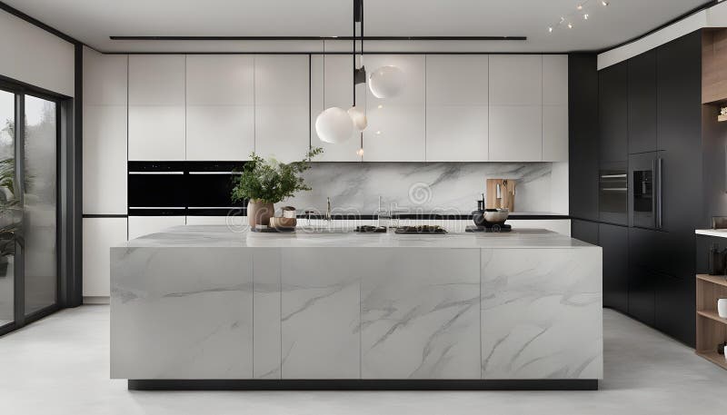 Front View of a Modern Designer Kitchen with Smooth Handleless Cabinets ...