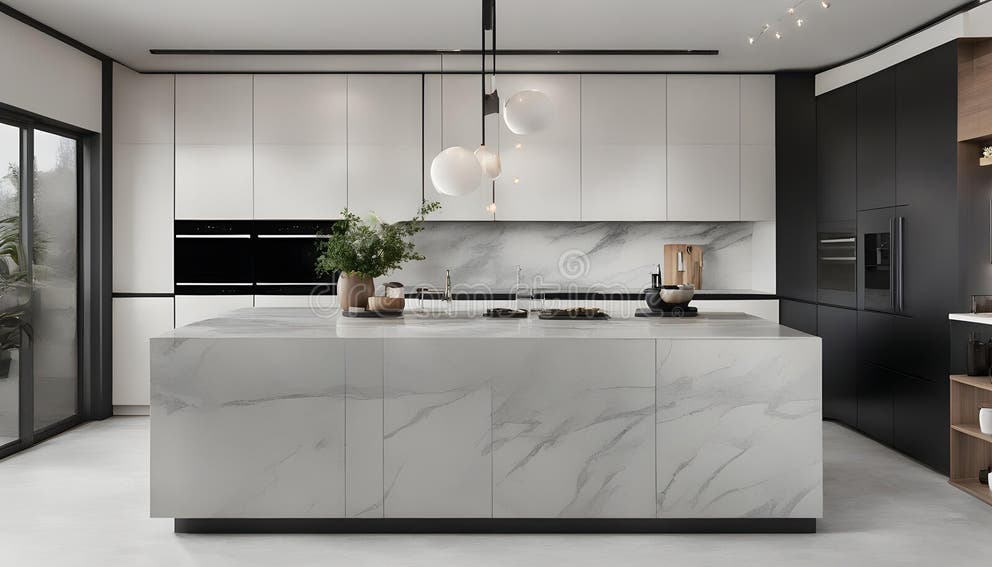 Front View of a Modern Designer Kitchen with Smooth Handleless Cabinets ...