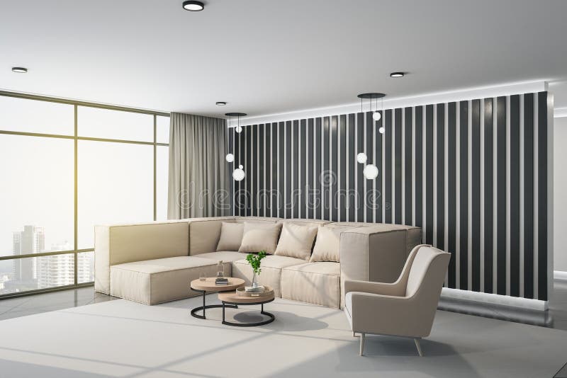Front View of Modern Interior with Sofa and City View Stock ...