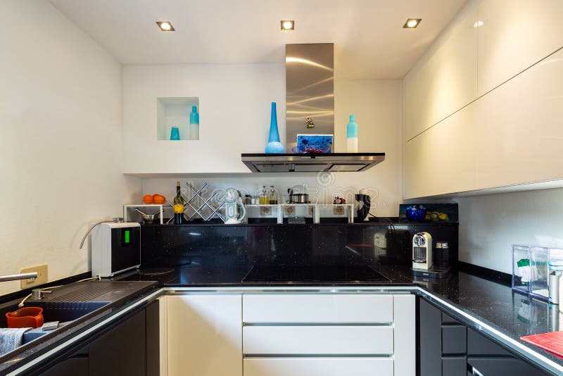 Front View Modern White Kitchen Stock Image - Image of home, indoor ...