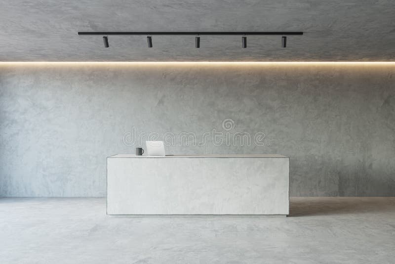 Front View on Modern Minimalistic Reception Desk with Modern Laptop in ...