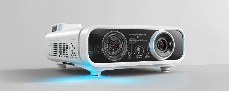 Front View of Modern Projector with Glowing Lenses in Blue and Pink ...