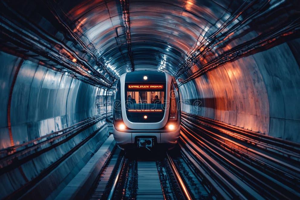 Front View of Modern Train in Round Subway Tunnel Stock Illustration ...