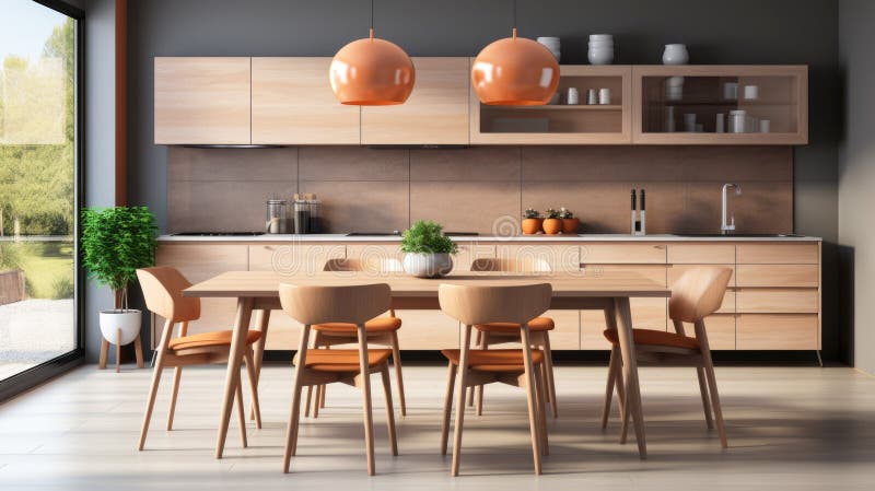 Front View of a Modern Wooden Kitchen in Beige Color with Table and ...
