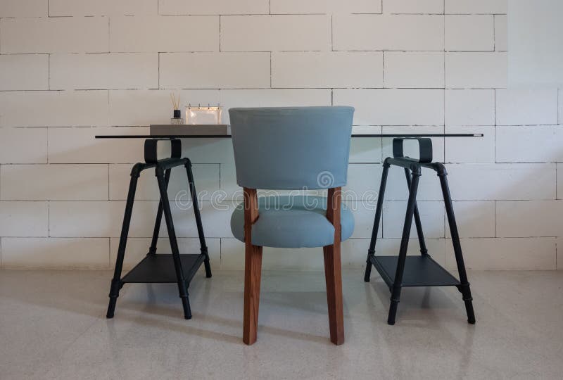 Front View of Modern Working Table in Front of White Brick Wall. Work ...