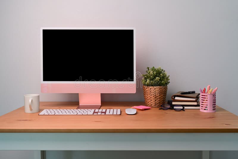 Modern Workplace with Computer, Coffee Cup and Books on Wooden Desk ...