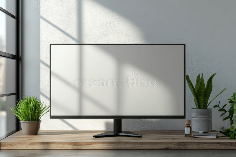 Front View of Monitor on Table in Room. Stock Image - Image of desktop ...
