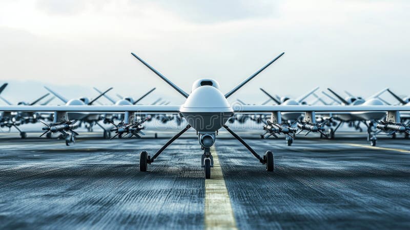 A Front View of Multiple Military Drones Lined Up on a Runway Ready for ...