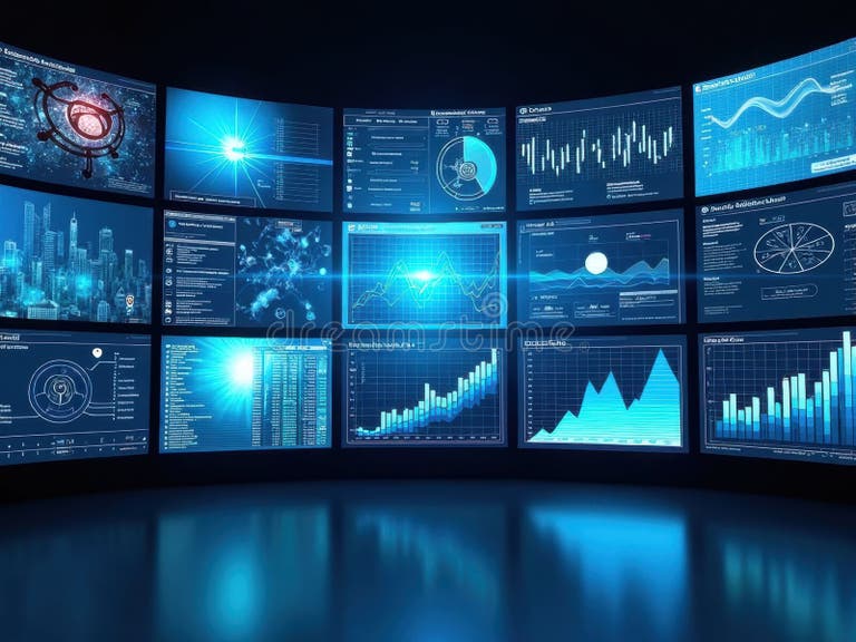 Front View of Multiple Screens Displaying Various Graphs and Statistics ...