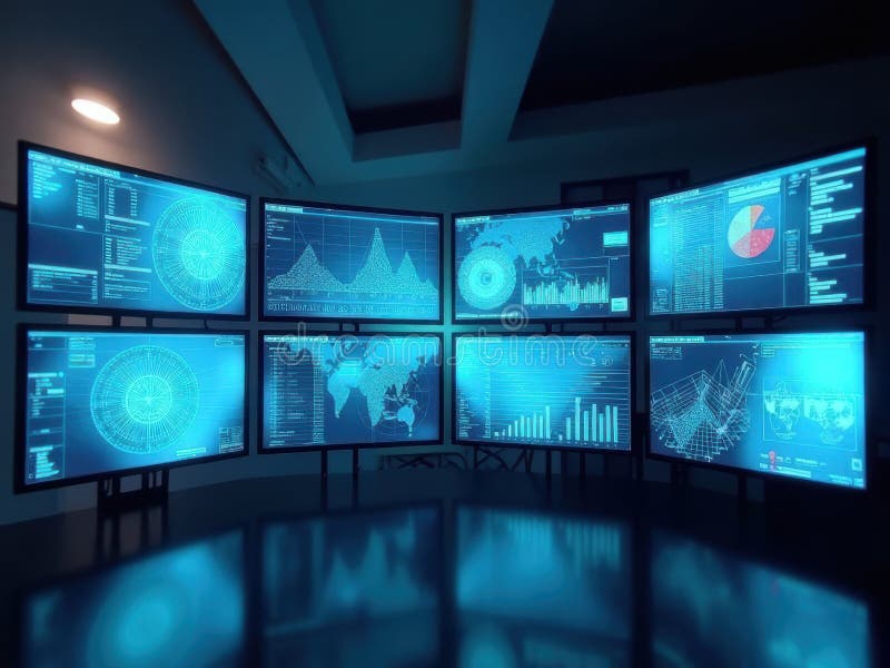 Front View of Multiple Screens Showcasing Various Data Visualizations ...