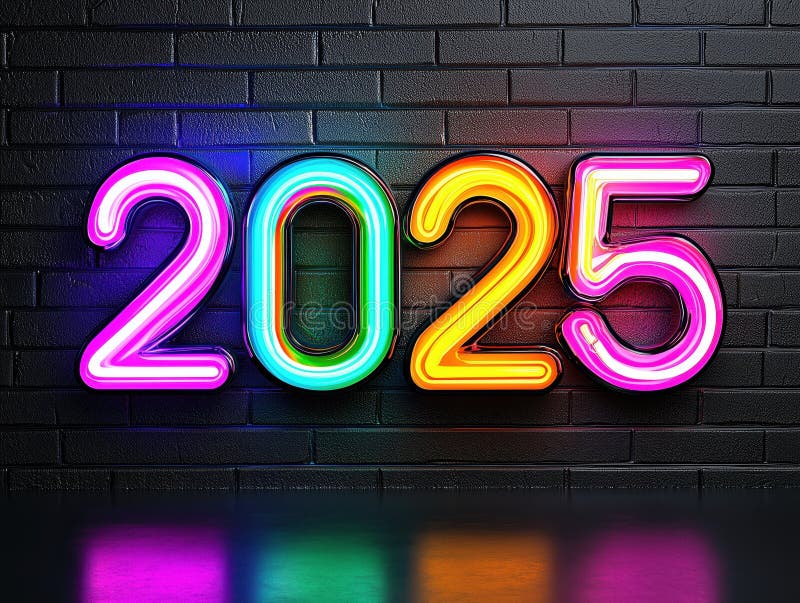 Front View Neon Glowing 2025 Text Black Wall Sign Stock Illustration ...
