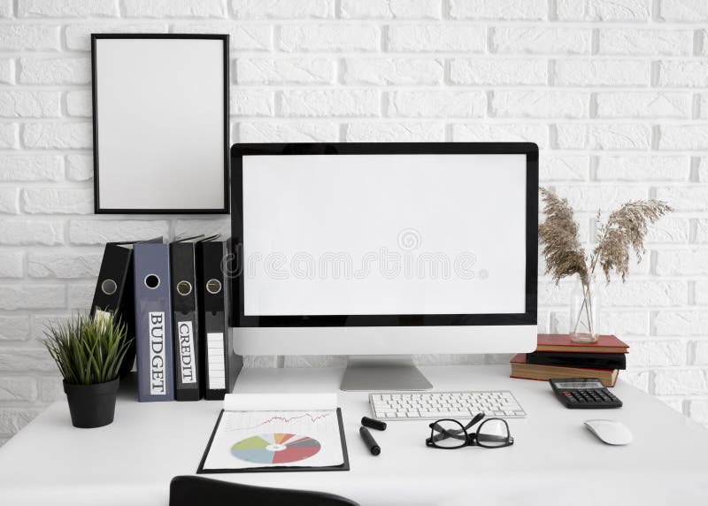 Front View Office Desk with Computer Screen Glasses. High Quality Photo ...