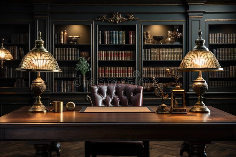 Front View Office Desk with Office Tools, Computer Laptop on Wood Table ...