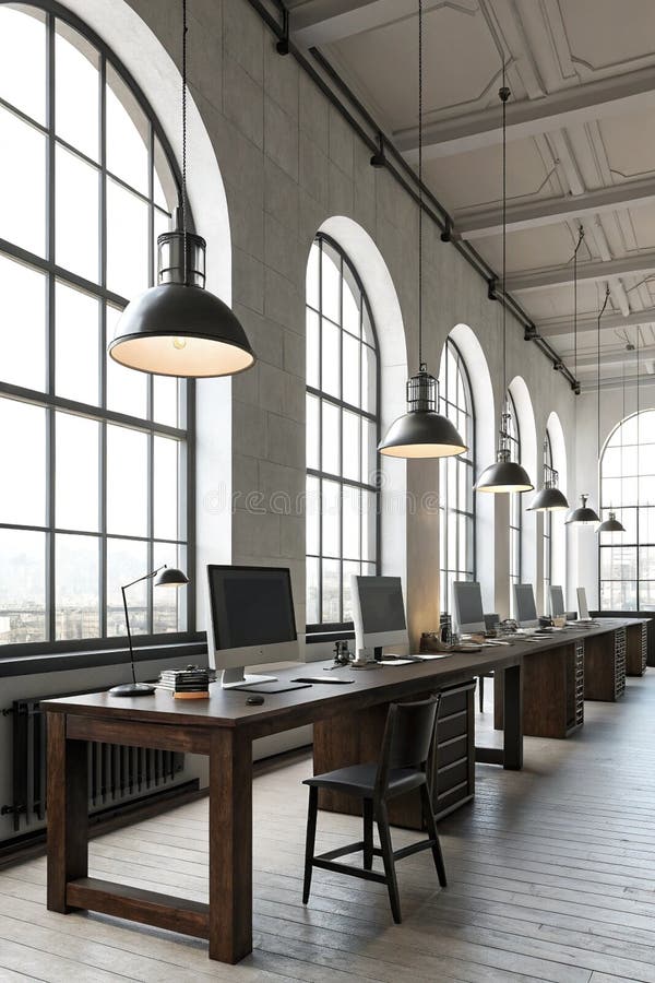 Front View of an Office Interior with Dark Wood Tables Stock ...