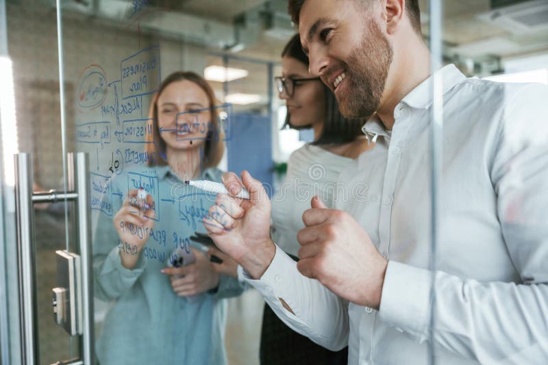 Front View Office Workers Creating Plan Standing Glass Writing Stock ...