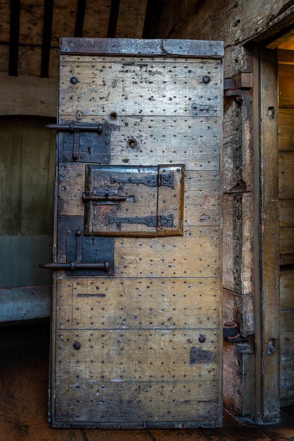 Front View of Old Ancient Wooden Interior with Reinforced Solid Wooden ...