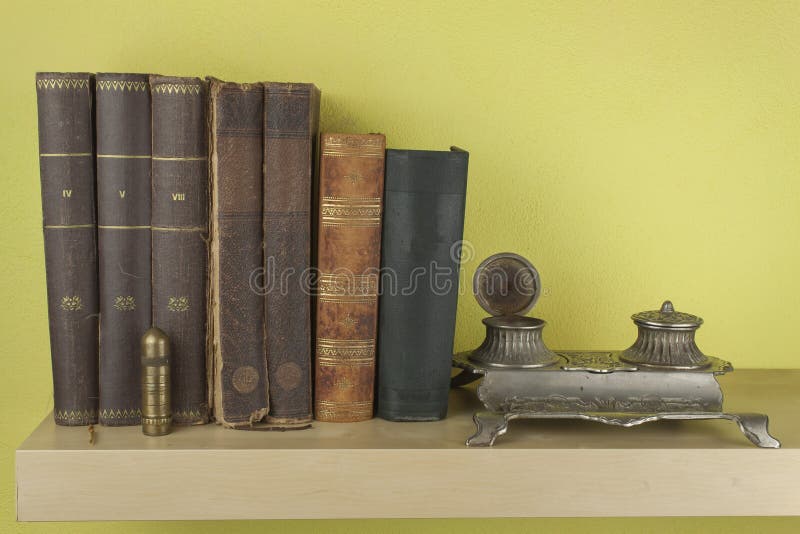 Front View of Old Books Stacked on a Shelf. Stock Image - Image of ...
