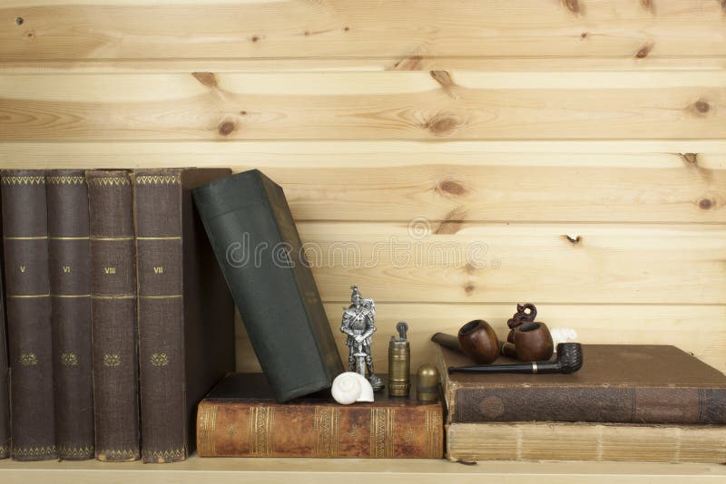 Front View of Old Books Stacked on a Shelf. Stock Image - Image of ...
