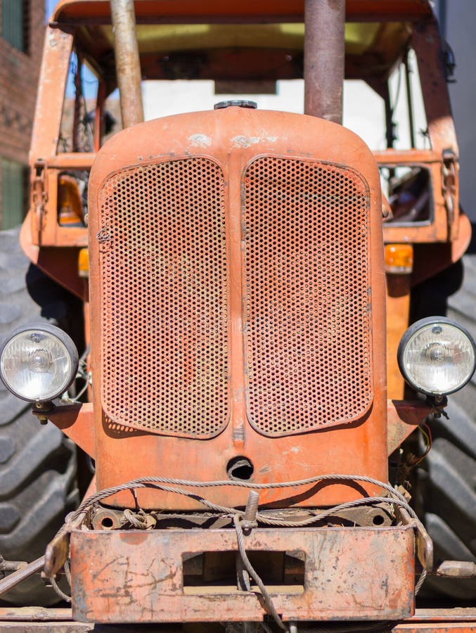 Front View of Old Red Tractor and Cab Stock Image - Image of headlight ...