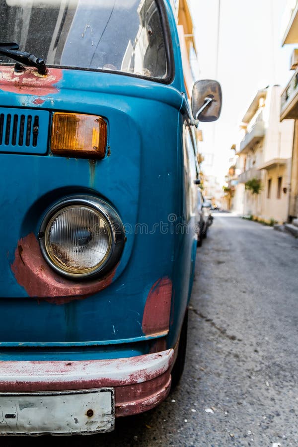 Front View of Old Rusty Blue Vintage Van. Headlights Front of Car Stock ...